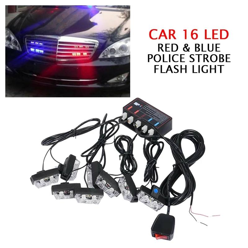 pcmos Red/Blue 12V Car 16LED Police Strobe Flash Light Dash Emergency ...