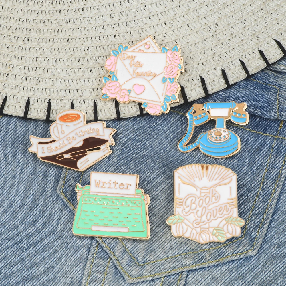 Creative-Flower-Envelope-Letter-Telephone-Enamel-Pin-Coffee-Cup-Book ...