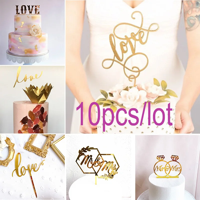New 10pcs/lot Gold Hand Writing Love Wedding Acrylic Cake Topper ...