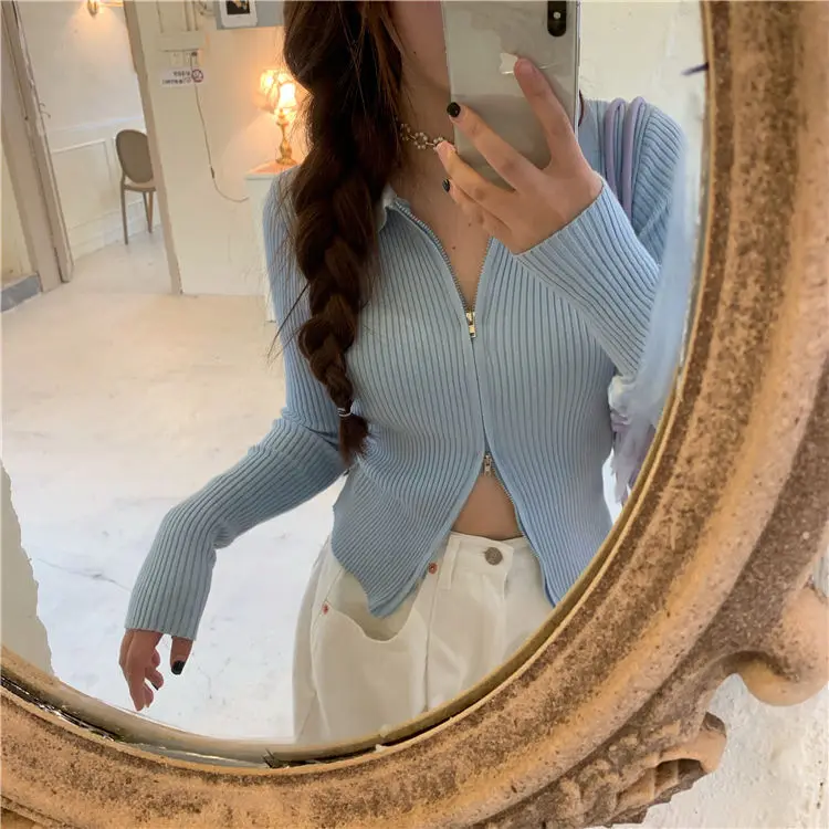 Gilet-cardigan,Cardigan tricoté avec Double fermeture éclair pour Femme ...