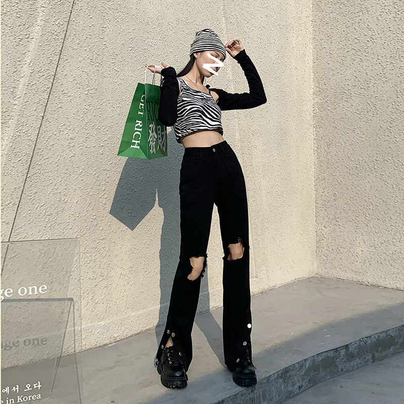가을 새로운 검은 무릎 구멍 조절 버튼 분할 플레어 청바지 여성의 높은 허리 스트레이트 느슨한 넓은 다리 걸레 바지 높은