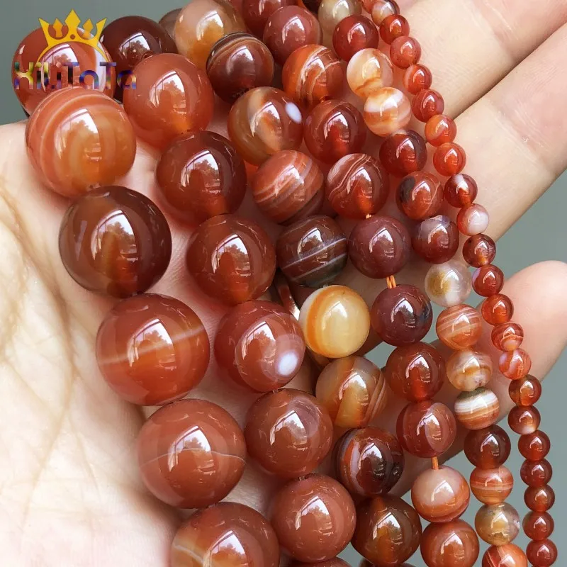 Dark Orange Red Striated Agates Beads Round Loose Beads For Jewelry ...