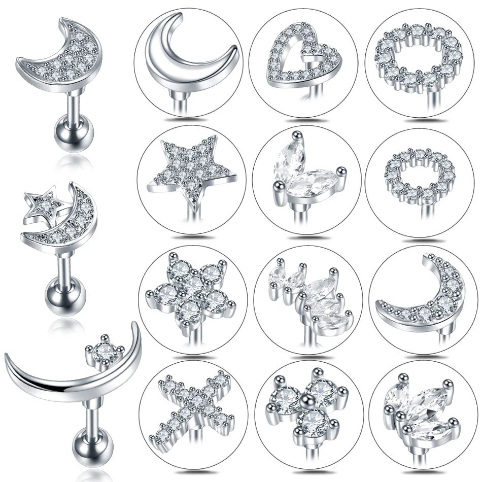 1PC Cross Star Moon Flower CZ Tragus Cartilage Piercings Ear Stud Helix ...