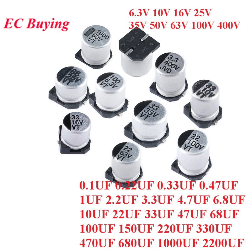 50pcs Smd Aluminum Electrolytic Capacitor 6.3v 10v 16v 25v 35v 50v 63v 100v 400v 1uf 4.7uf 10uf ...