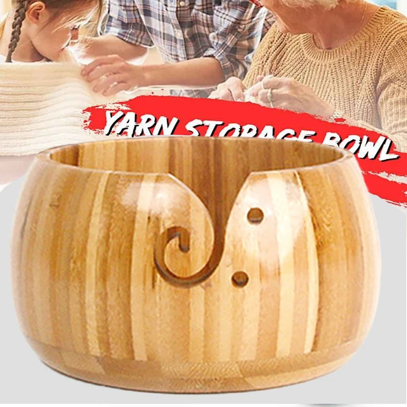 Dustproof Natural Wooden Wool Yarn Storage Bowl Crochet Knitting Needle ...