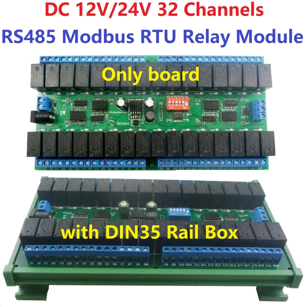 DC 12V 24V 32ch Modbus RTU RS485 Relay Switch Board UART Serial port Module DIN Rail Box PLC ...