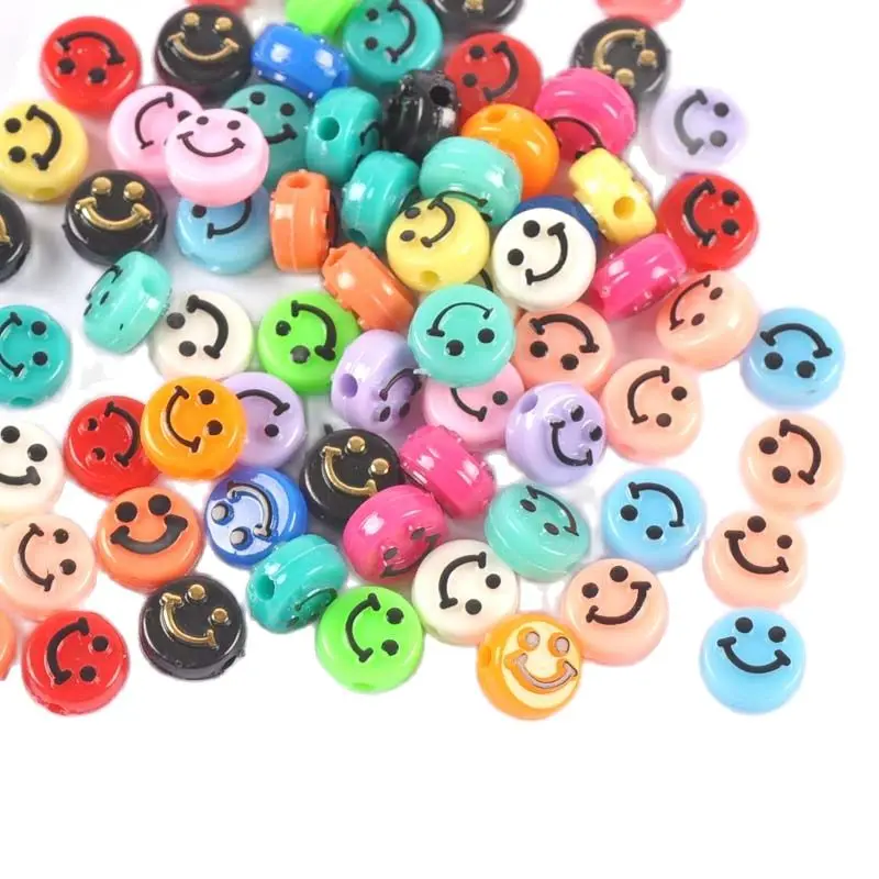 100/200PCs 10mm Mix colour smiling face Acrylic beads Flat Round Spacer ...