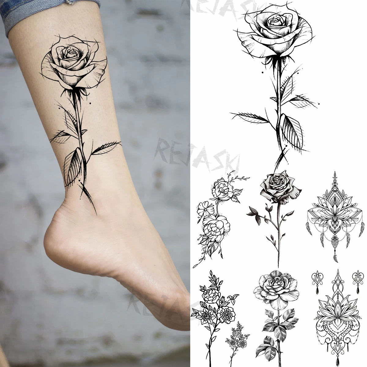 Black And Grey Rose Tattoo On Foot