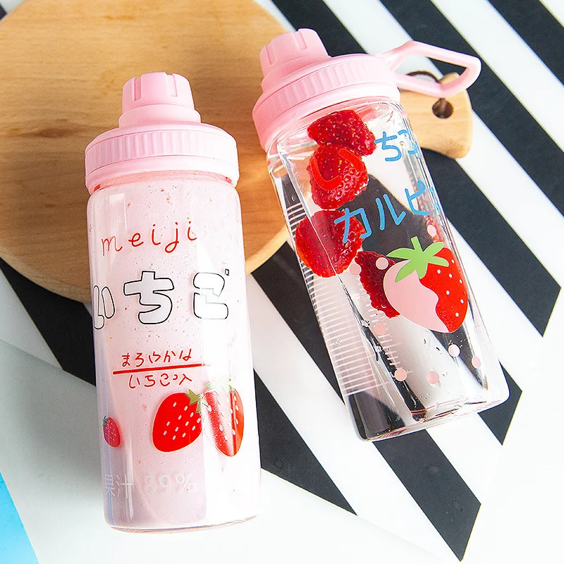 Water-bottle-cute-pink-strawberry-modern-simple-transparent-glass-straw ...