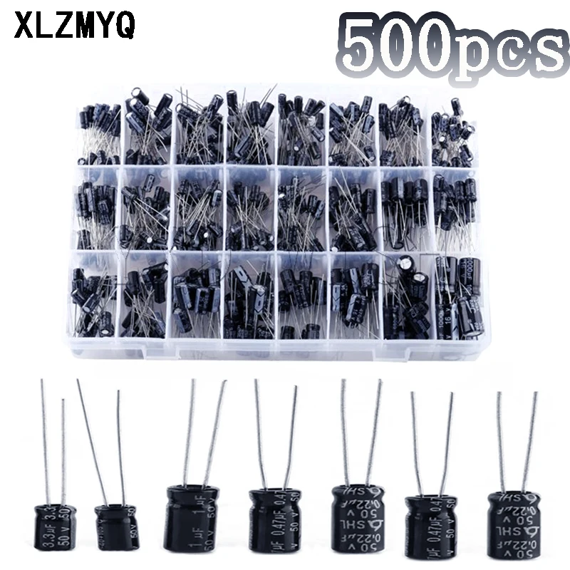 500pcs Electrolytic Capacitor Assortment Box Kit 0.1uf-1000uf 16v-50v ...