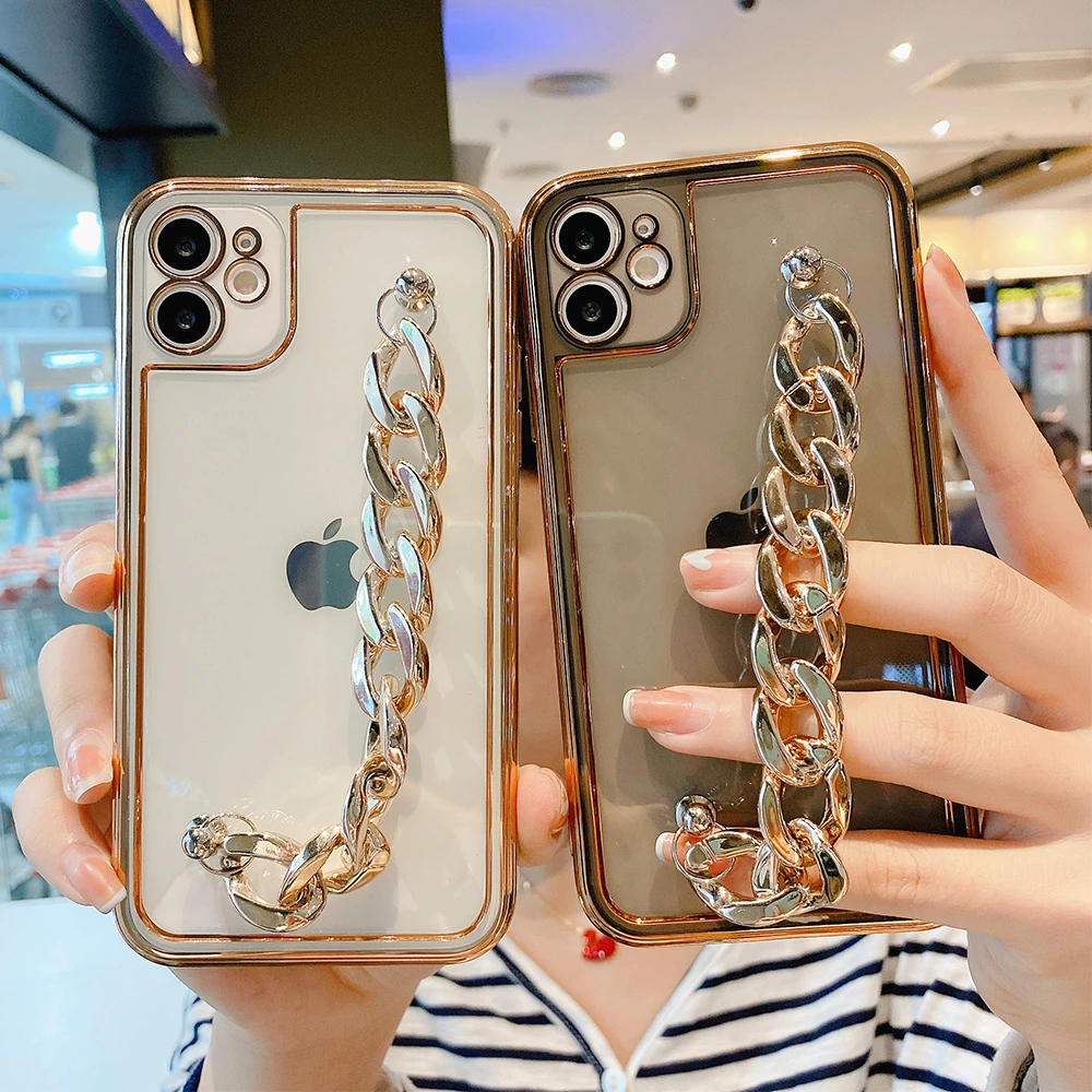 Electroplated Clear Wrist Chain Phone Case For iPhone 11 12 Pro Max XR ...