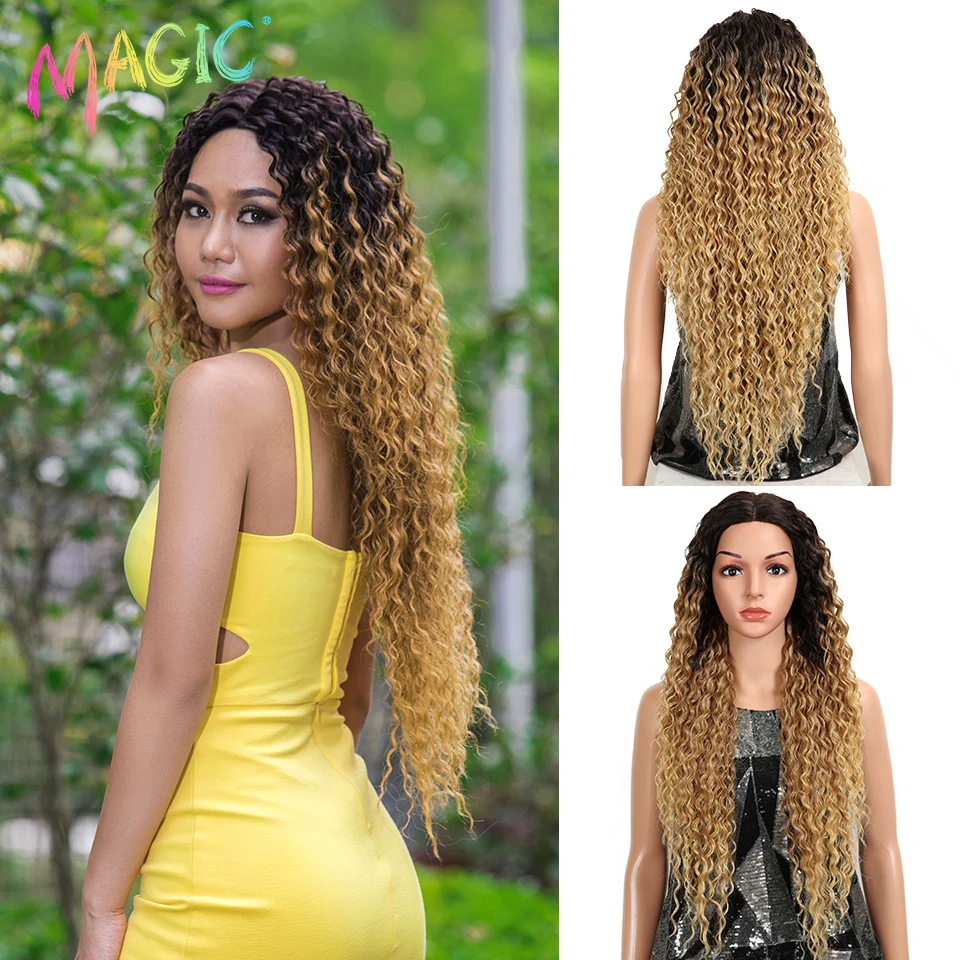Magic-Synthetic-Lace-Wig-Kinky-Curly-Wigs-Omber-Blonde-High-Temperature ...