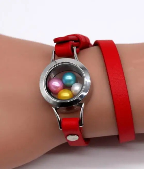 Leather Warp Lockets Bracelet 8 colors Stainless Steel pearl locket ...