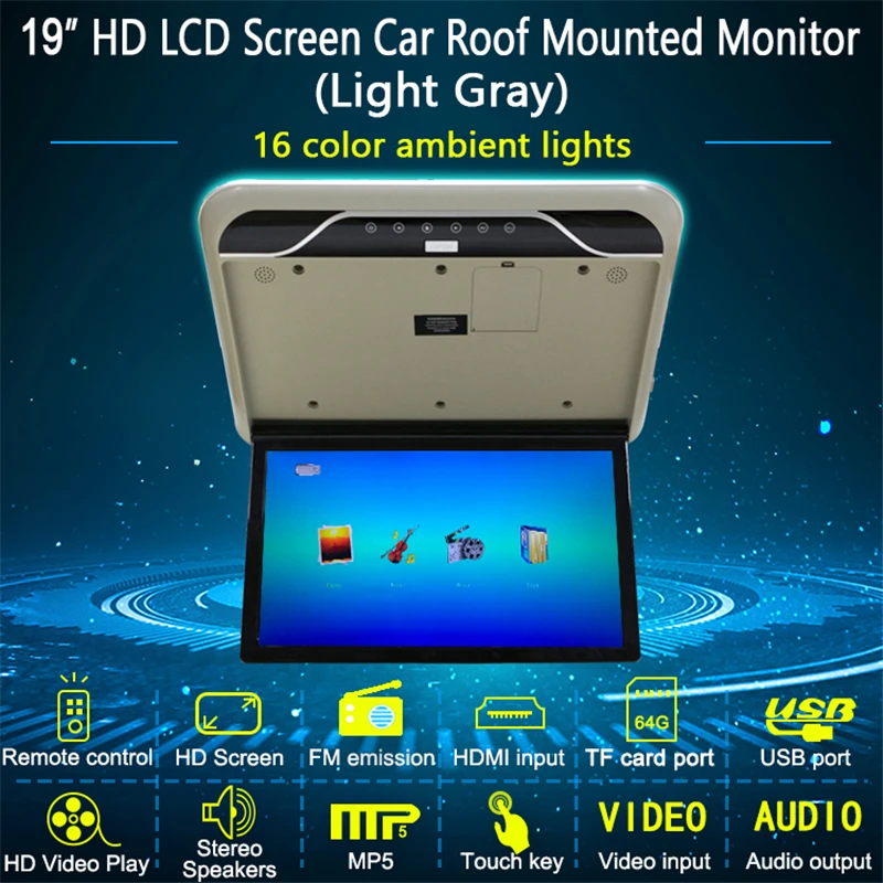19 Inch Ultra Thin 1080p Car Monitor Roof Ceiling Mount Flip Down Hd ...