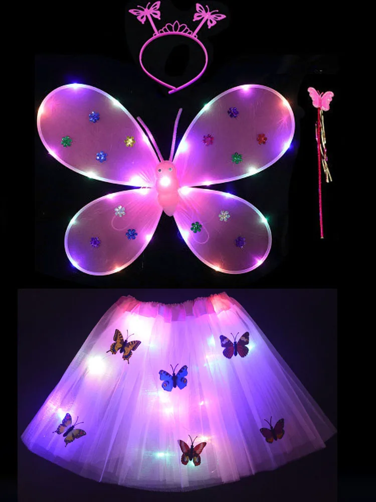 Led 깜박이는 나비 날개 스커트 요정 지팡이 세트 아이 소녀 조명 드레스 소품 생일 할로윈 레이브 파티 티몬