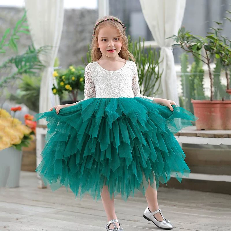Girls Lace Dress Flower Tiered Tulle Maxi Dress Long Sleeve Princess ...