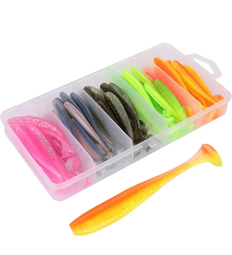 Mixed-Colors-Soft-Lures-T-Tail-Jigging-Fishing-Tackle-Double-Color-Bass ...