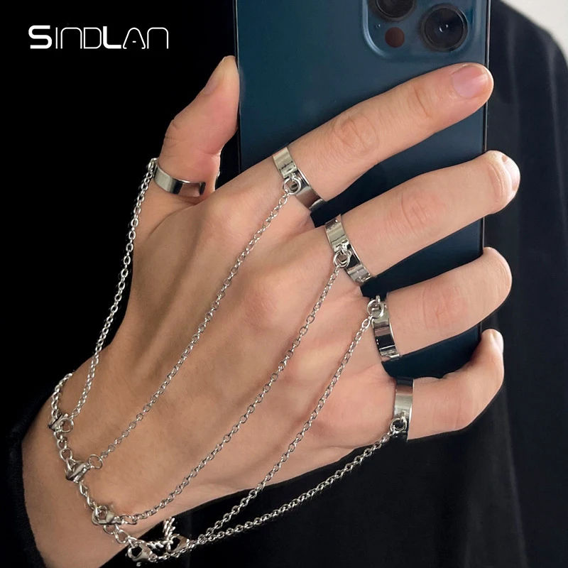 Sindlan Punk Geometric Silver Color Chain Wrist Bracelet for Men Ring ...