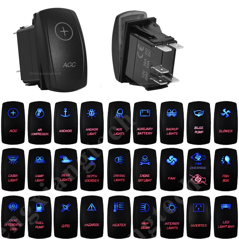 Waterproof-IP68-5-Pins-SPST-On-Off-Rocker-Switch-Blue-Red-Led-20A-12V ...