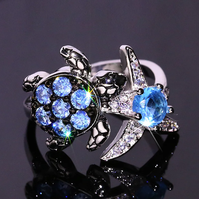Female Summer Jewelry Banquet Wedding Ring Creative Inlay Sea Blue ...