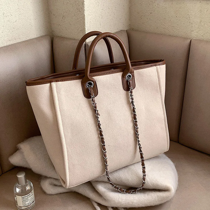 Canvas Tote Bag Chain | Large Canvas Chain Bag | Chain Messenger Tote ...