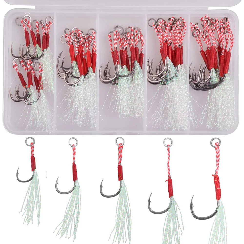 50Pcs assist hooks for slow jigging Metal Jig Barbed Hook Tying Up Fishhook With Teaser Feather ...
