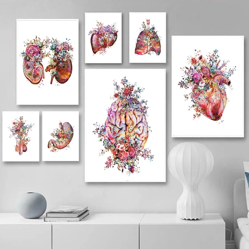 Colorful-Anatomy-Art-Medical-Canvas-Painting-Floral-Organs-Heart-Lung ...