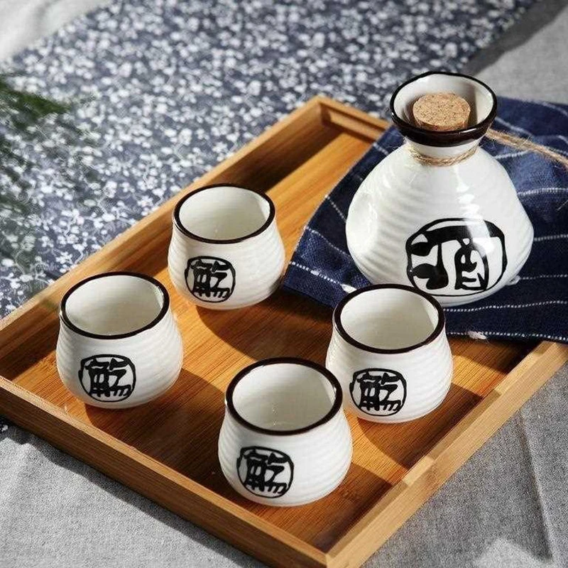 250ml Vintage Ceramic Sake Pot With 4 Cups Set Japanese Cuisine Sake ...