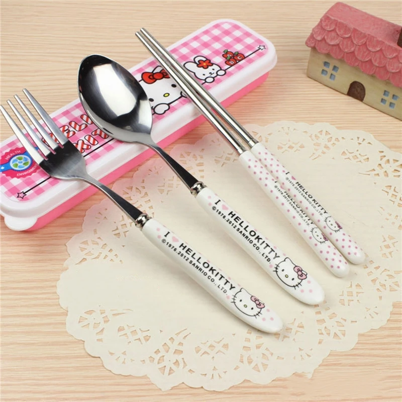 3pcs/set Cute Cat Dinnerware Kitchen Supplies Spoon Chopsticks Set ...