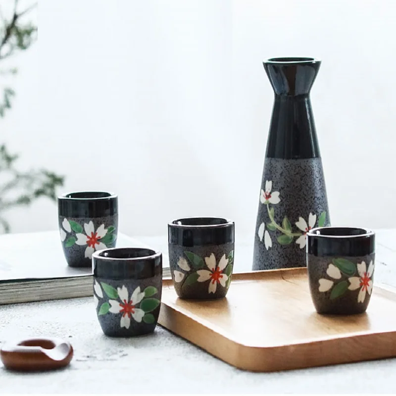 Vintage Ceramic Sake Pot Set With 4 Cups Japanese Cuisine Sake Bottle ...