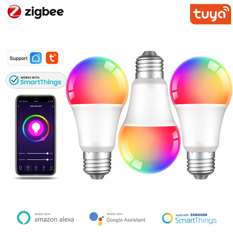Zigbee Tuya 15W Smart Home Light Bulb E27 Dimmable RGB LED Lamp With ...