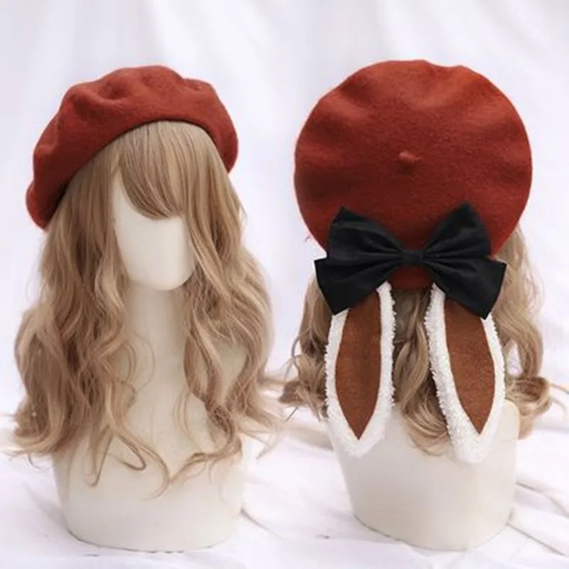 Boina Lolita con orejas de conejo para niña, gorro cálido Unisex, gorra ...