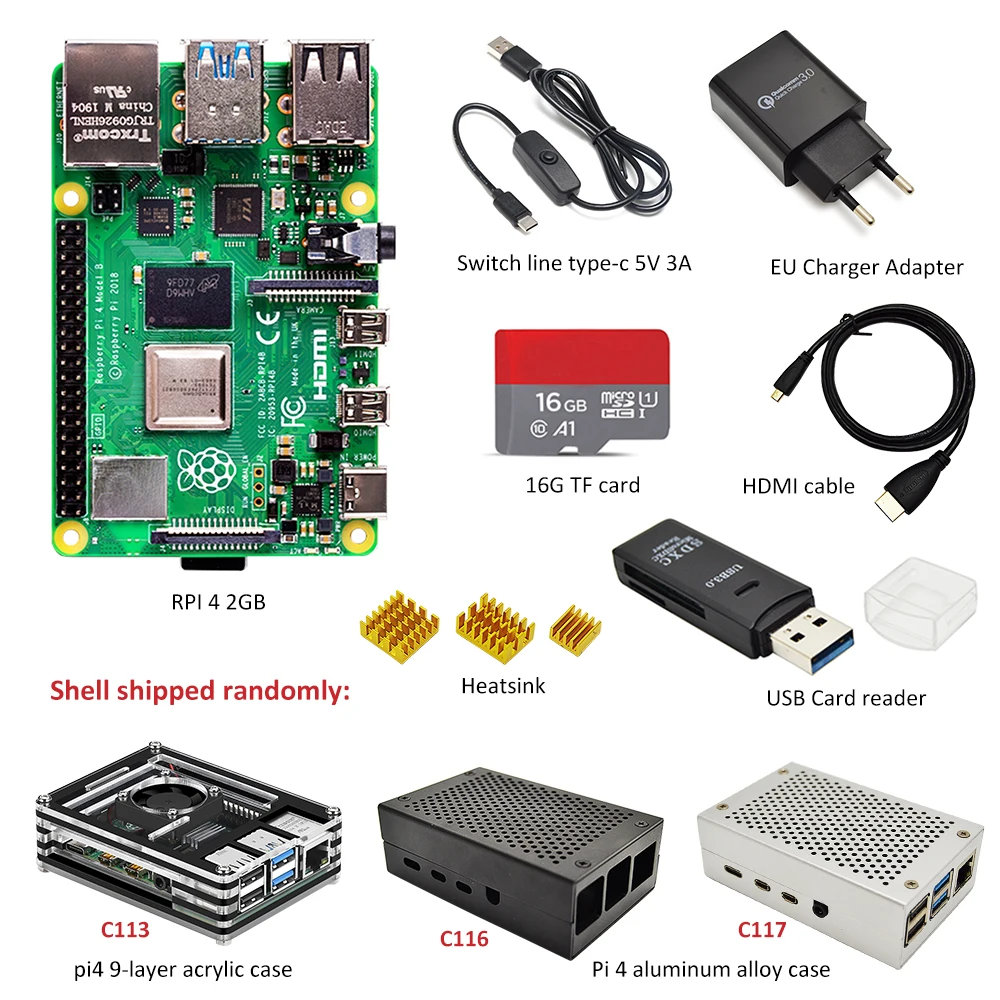 Raspberry Pi 4 B 4 ГБ/2 Гб комплект 3 вида чехол+ адаптер питания ЕС+ линия переключения+ 16 Гб ...