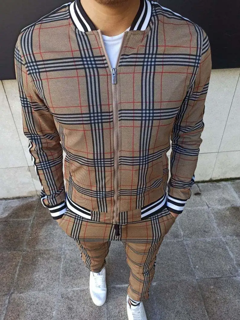 Fall 3D Plaid Print Men's Suit Sport Casual Suits Men's Stylish British ...