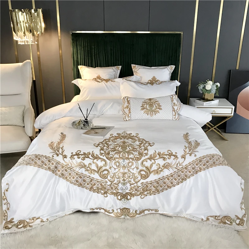 New White Luxury European Royal Gold Embroidery 60s Satin Silk Cotton ...