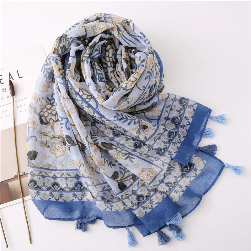 KYQIAO women blue print scarf female autumn spring Japanese style fresh ...