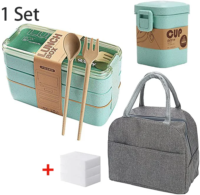 3 Layer Wheat Straw Lunch Box with Bag Japanese Microwave Bento Box ...