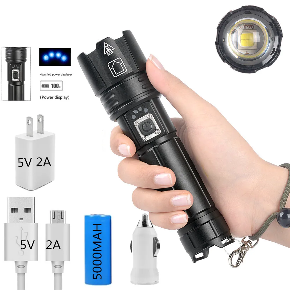 Flashlight Led Rechargeable Lamp Xhp70 Powerful Waterproof Zoomable Usb ...