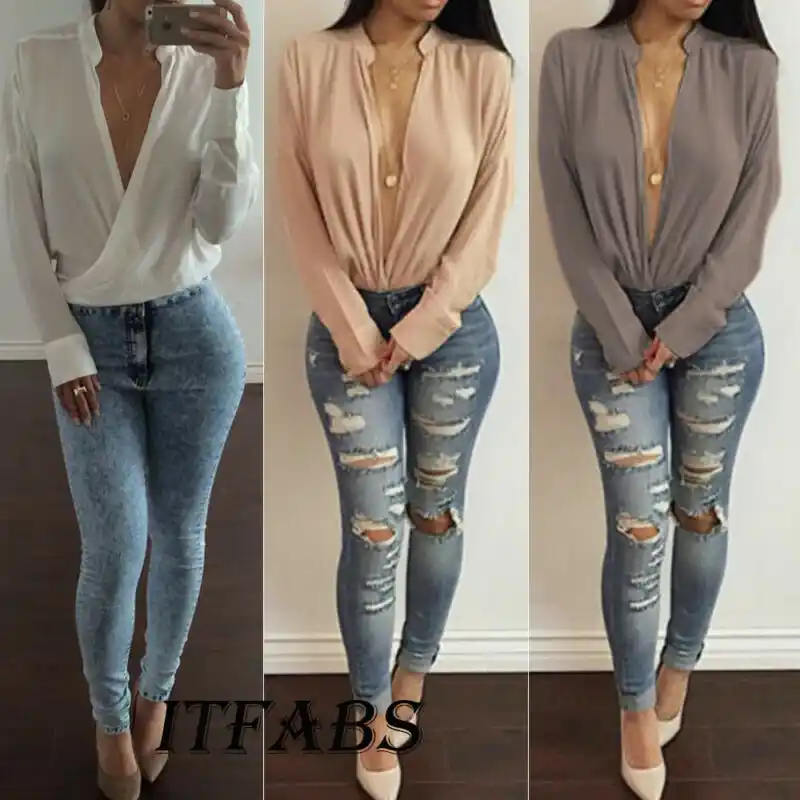 Venta > blusa escote v profundo > en stock