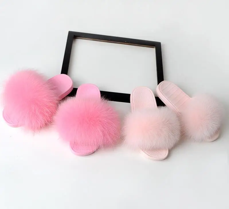 Summer Women pink Real Fox Fur Slippers hair Slides Female Furry Indoor ...