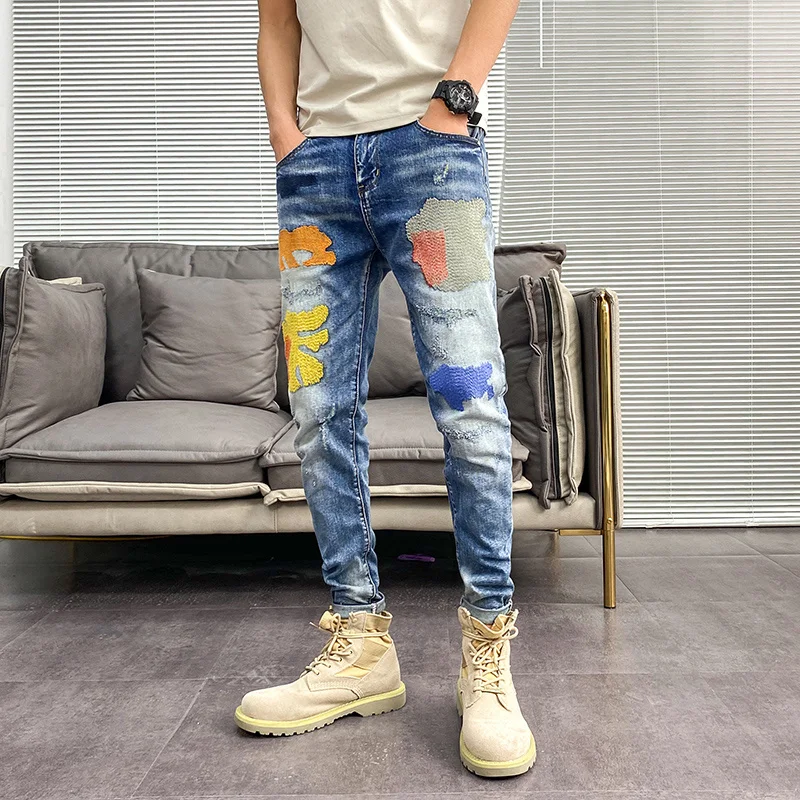 Torn-Men-Patch-Slim-Fit-Jeans-Blue-Elastic-Embroidery-Casual-Denim ...