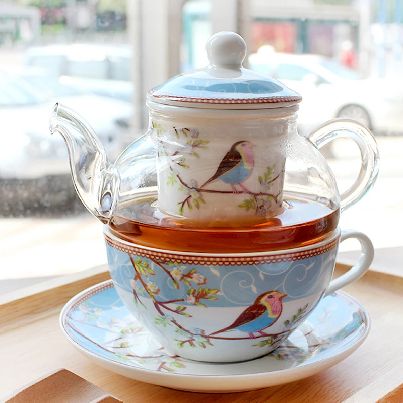 Ceramic-Tea-for-One-Set-Rose-Blue-Bird-Teapot-Glass-Tea-Kettle-Infuser ...