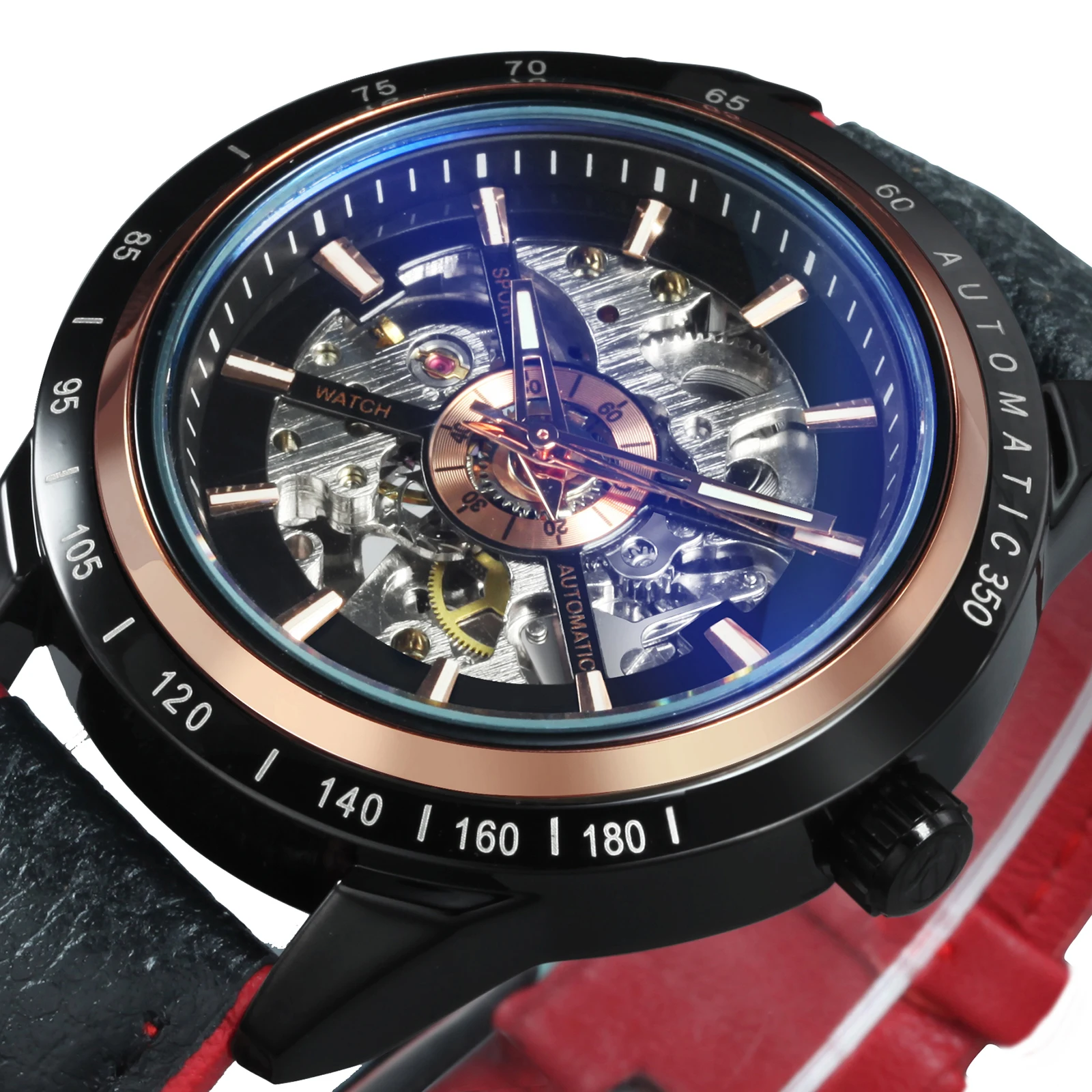 Forsining Motorcycle Design Genuine Black Belt Skeleton Watch Men ...