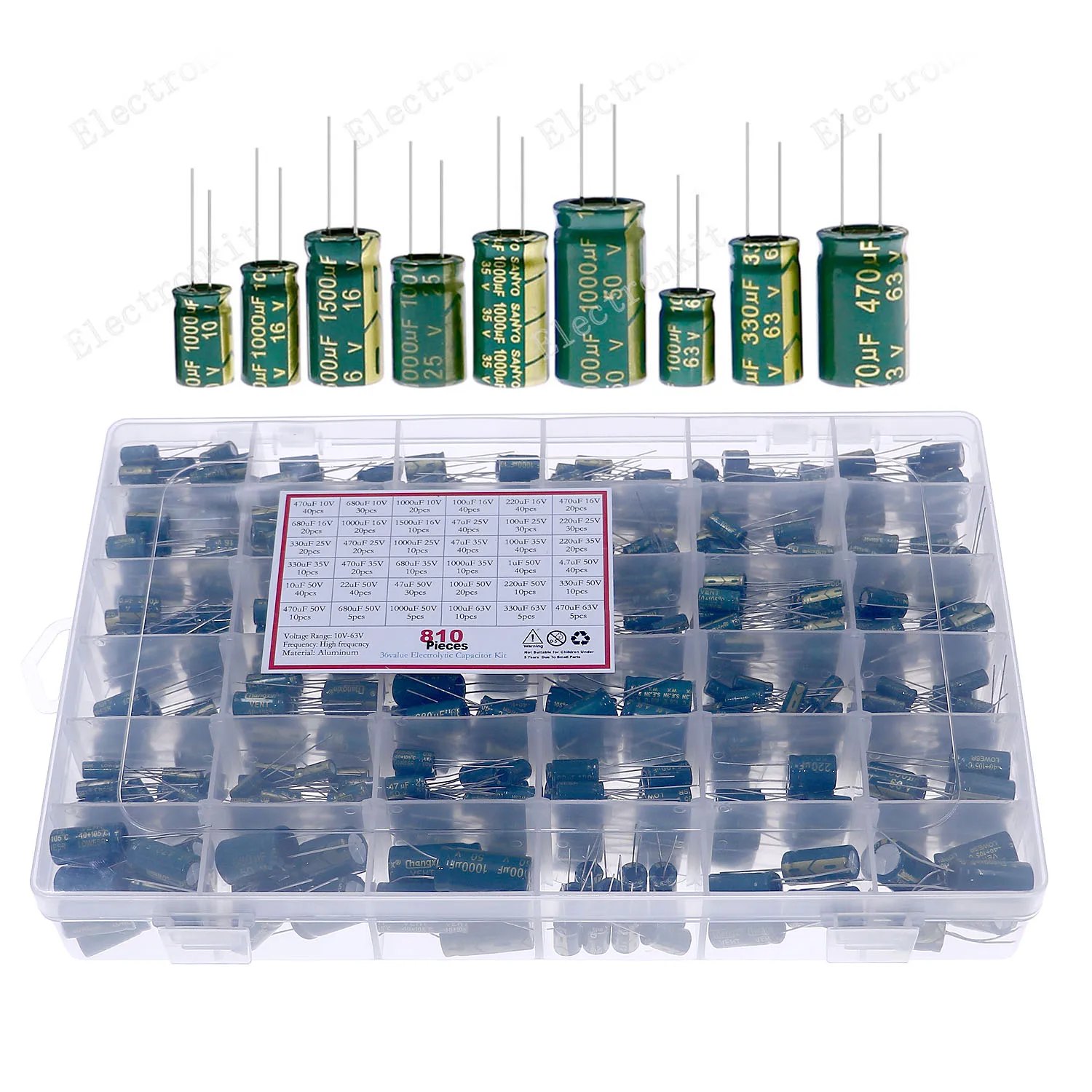 810pcs/box 36values Aluminum Electrolytic Capacitor Set 10v-63v 1uf ...