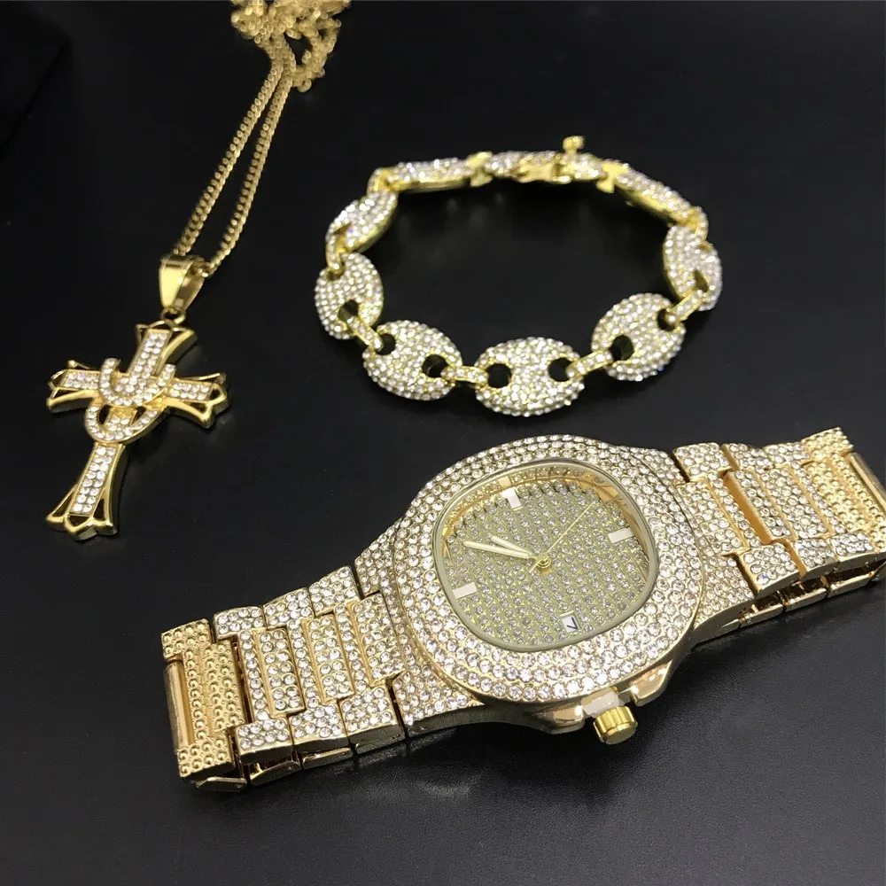 Luxury-Men-Gold-Silver-Color-Watch-Necklace-Braclete-Combo-Set-Ice-Out ...