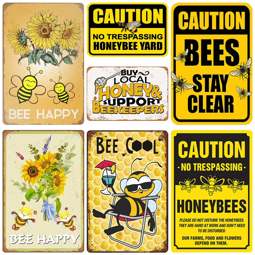 Happy-Bee-Vintage-Metal-Plaques-Tin-Poster-Warning-Sign-Garden-Fence ...