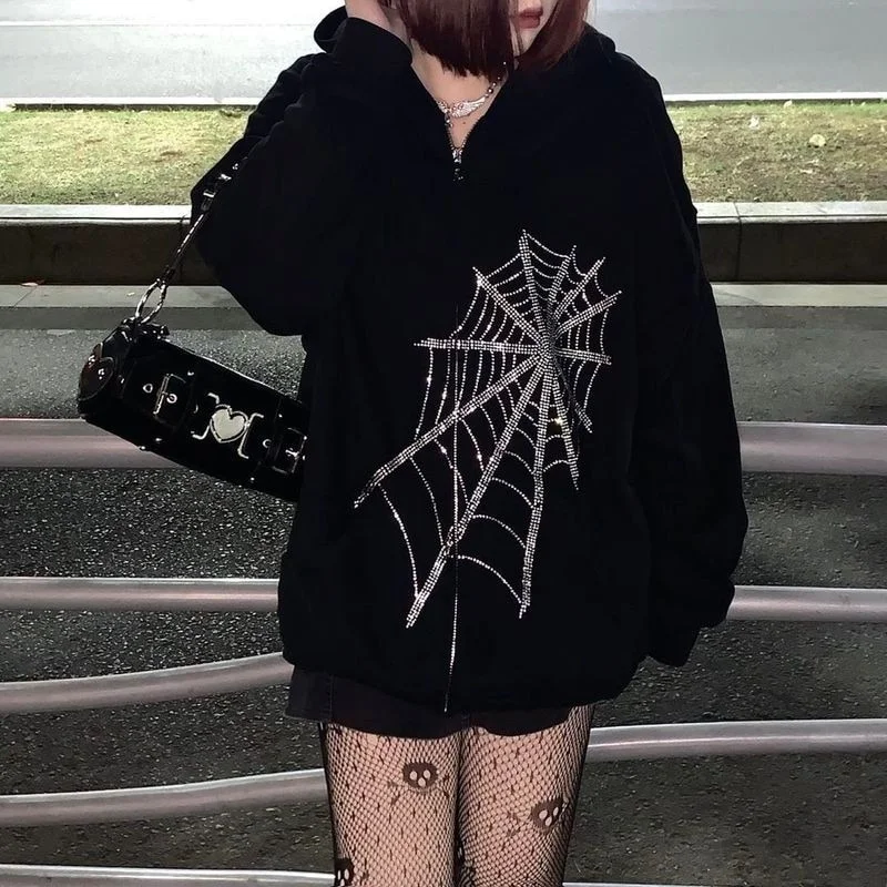 Gothic Black Rhinestone Punk Hooded Women Fairy Grunge Dark Academia ...