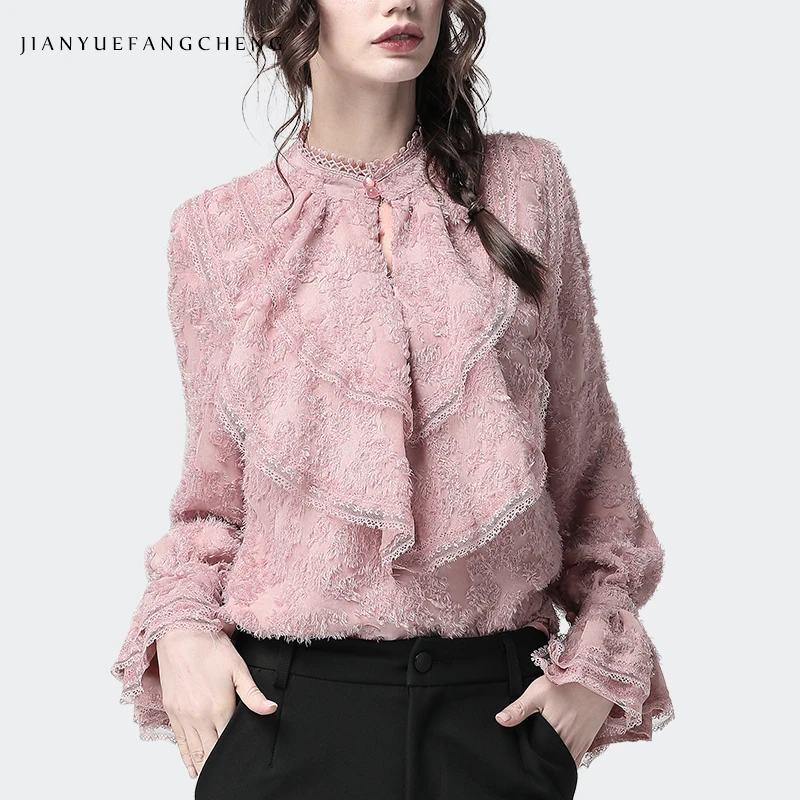 Fashion Women Pink Lace Blouse 3d Ruffles Long Sleeve Stand Collar ...