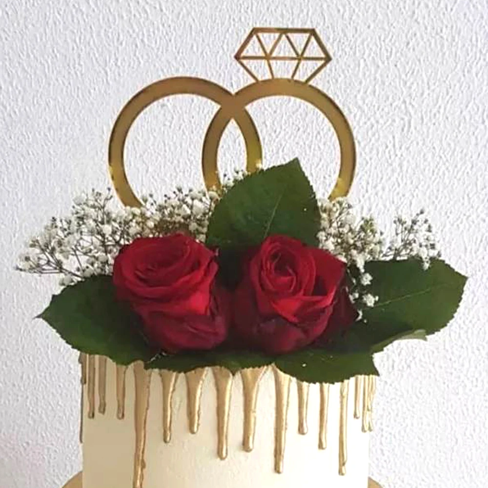 Couple Ring Wedding Cake Topper, Rustic Gold Mirror Rings Cake Topper ...