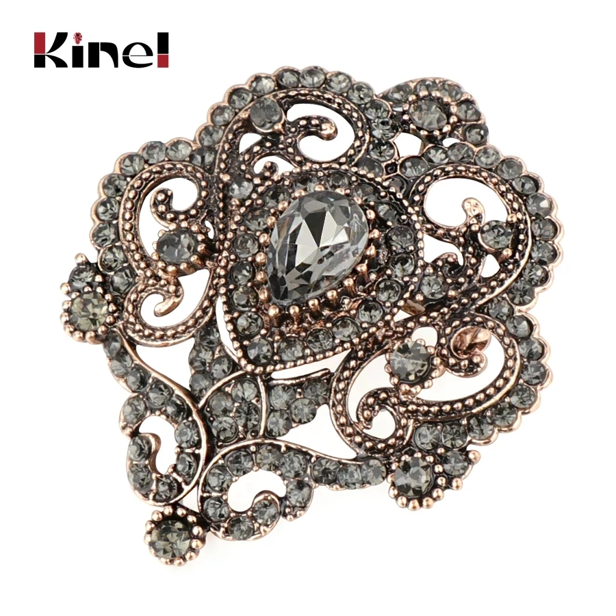 Kinel Vintage Women Turkish Flower Brooch Pin Gray Crystal Jewelry ...